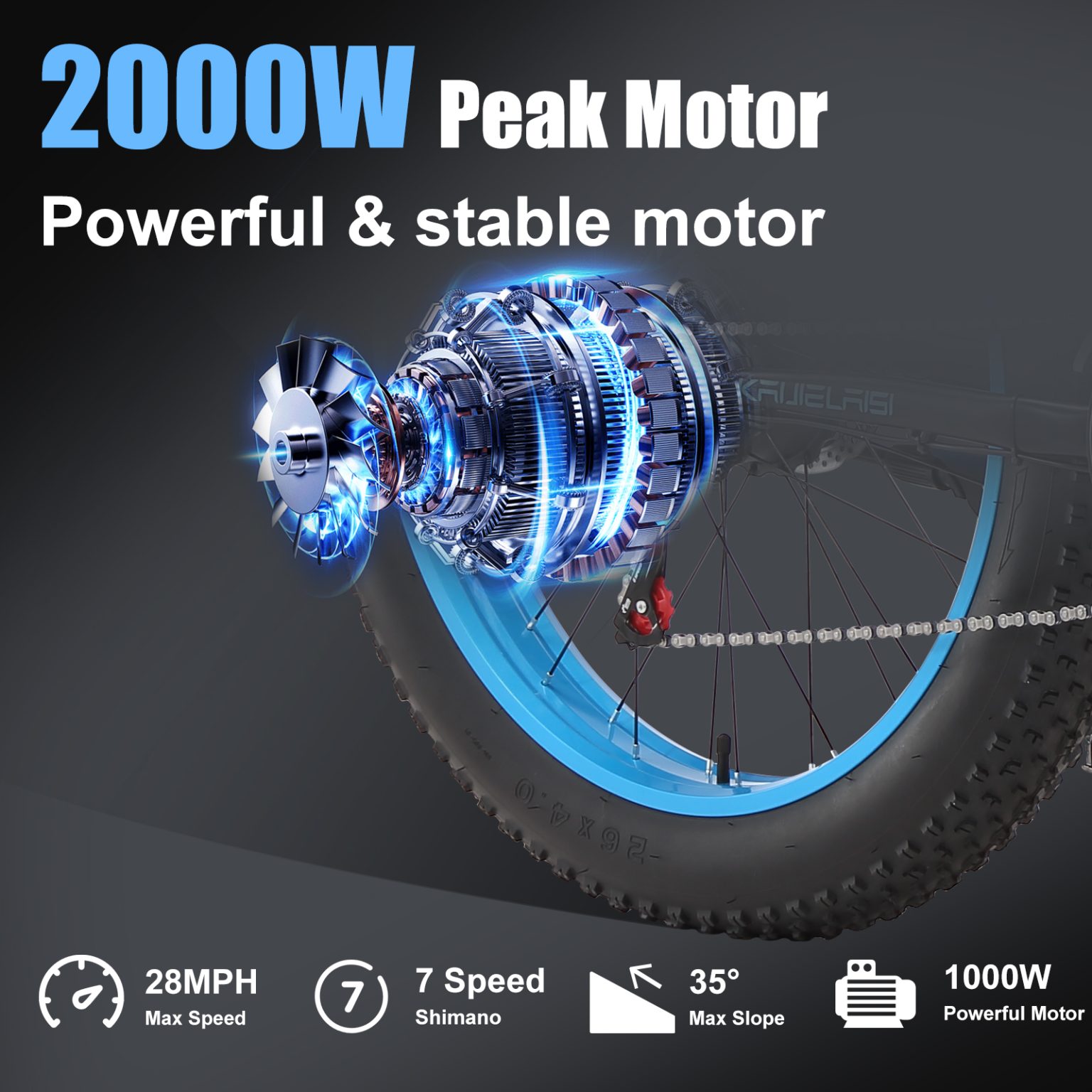 KAIJIELAISI V3 Electric Bike for Adults 26″ Fat Tire 2000W Peak Rear ...